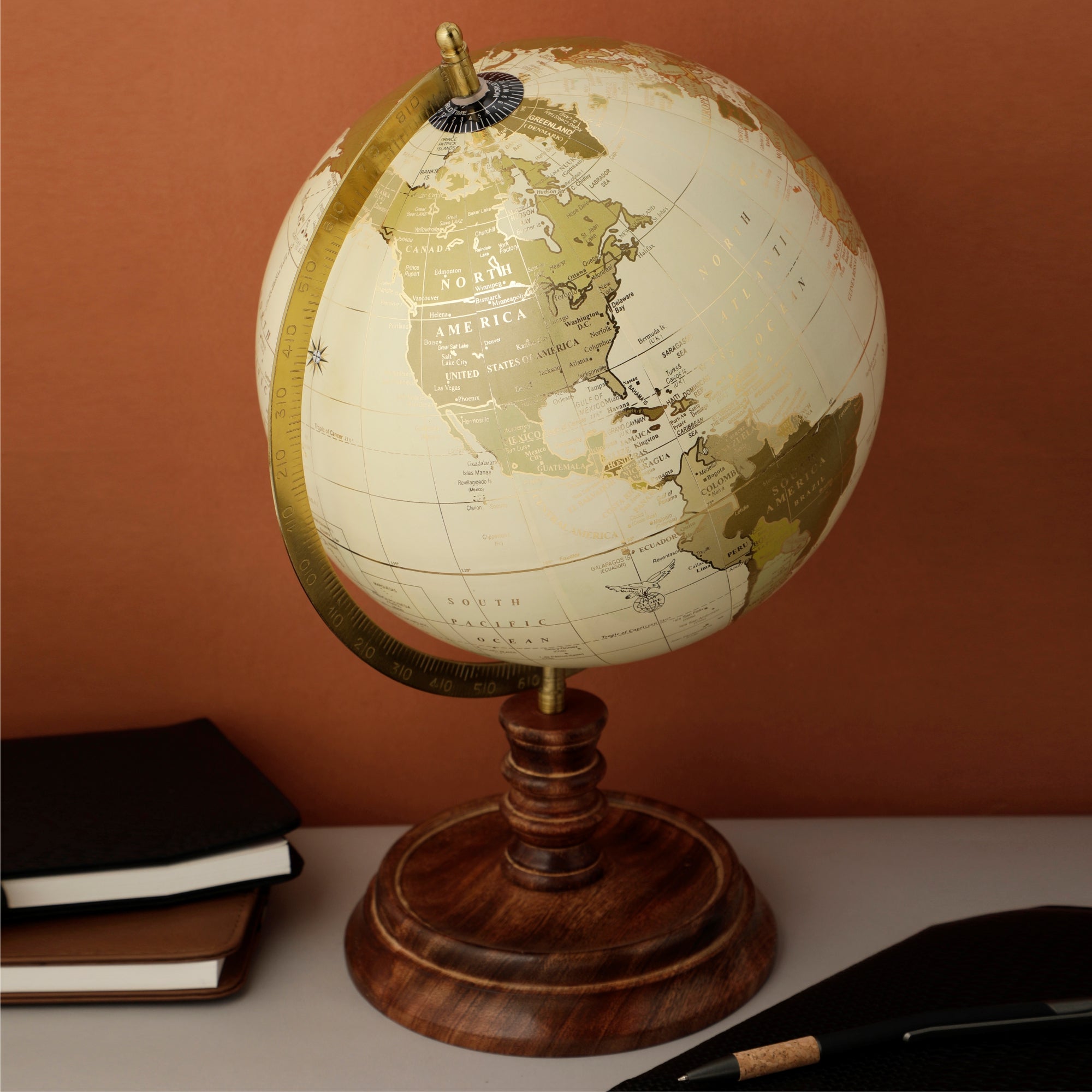 Lemon Multicolor 10 inch Home Decor Rotating World Globe with Sheesham ...
